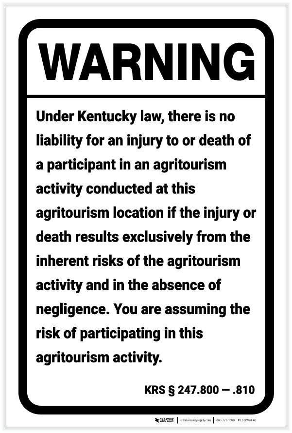 Warning: Kentucky Agritourism Liability KY - Label