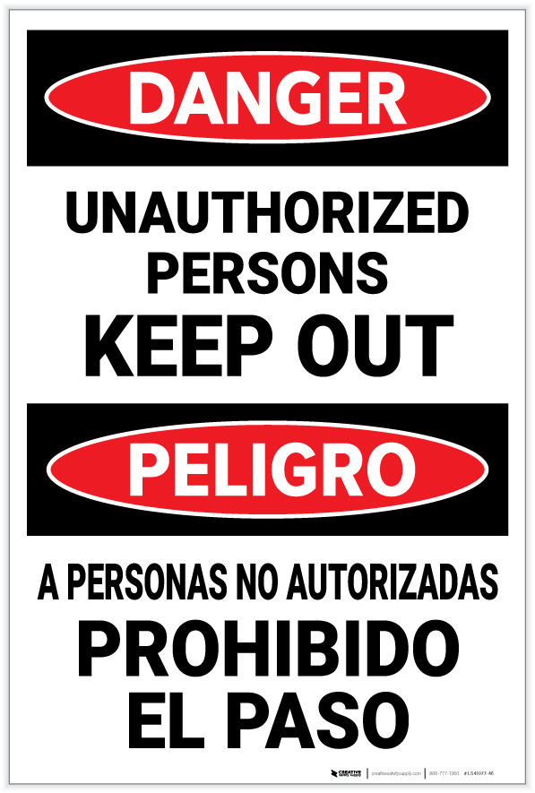 Danger: Unauthorized Persons Keep Out Bilingual Spanish - Label ...