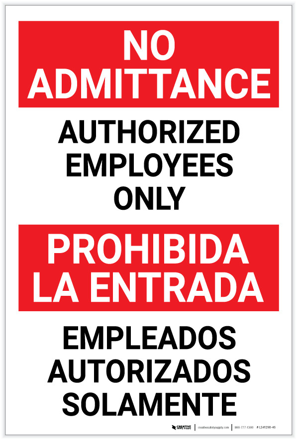 No Admittance: Authorized Employees Only Bilingual Spanish - Label ...