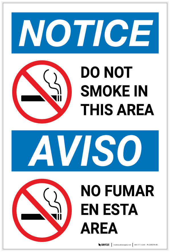 Notice: Do Not Smoke In This Area Prohibited Bilingual Spanish - Label ...