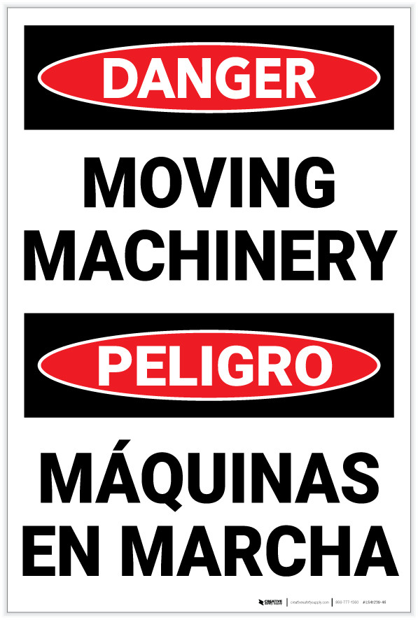 Danger: Hazard Moving Machinery Bilingual Spanish - Label | Creative ...