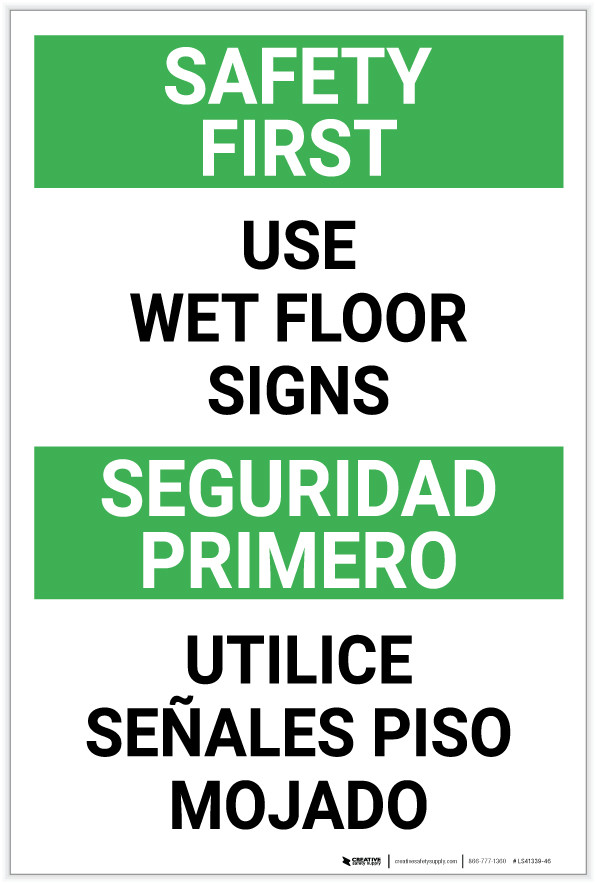 Safety First Use Wet Floor Signs Bilingual Spanish Portrait - Label ...