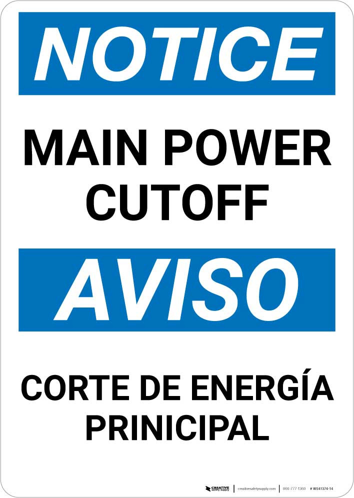 Notice: Bilingual Spanish Main Power Cut-off Portrait | Creative Safety ...