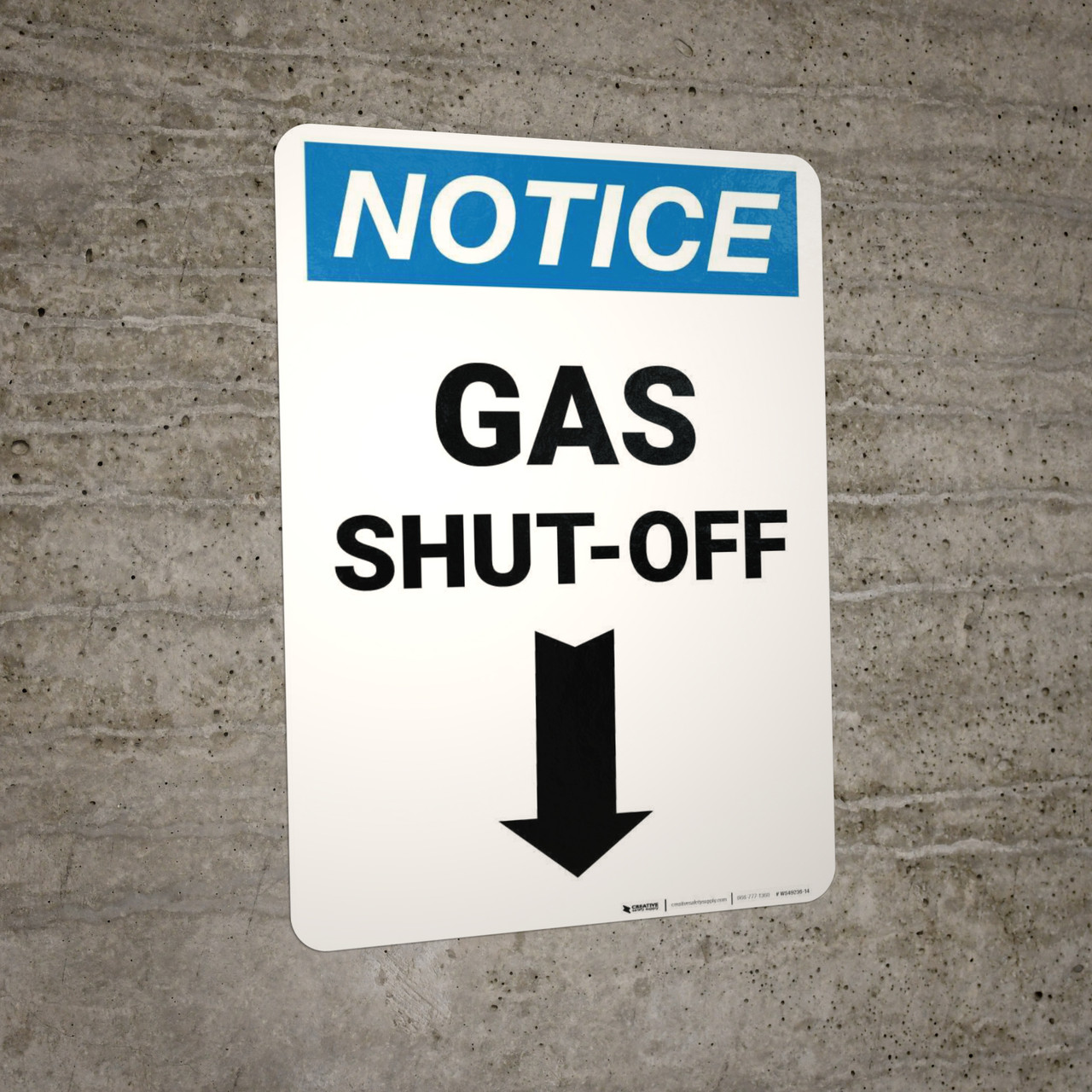 Notice: Gas Shut-Off with Down Arrow Portrait | Creative Safety Supply
