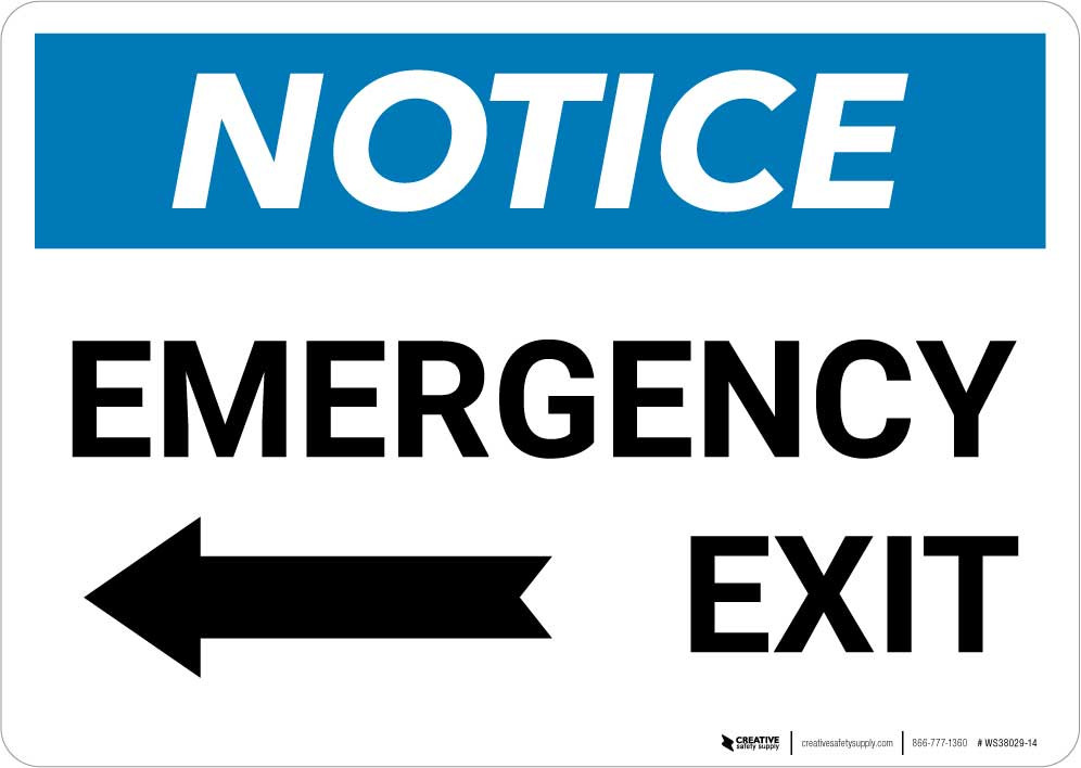 Notice: Emergency Exit with Left arrow Landscape | Creative Safety Supply