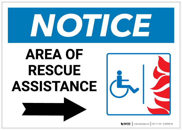 Notice: Area Of Rescue Assistance with ADA Fire Icon Right Arrow ...