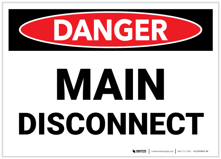 Danger: Main Disconnect Landscape - Label