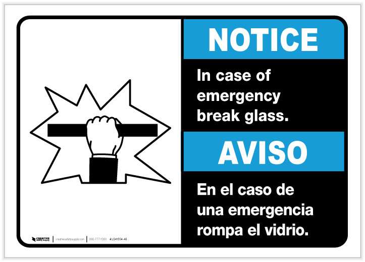 Notice: Bilingual Spanish In Case Of Emergency Break Glass with Icon ...