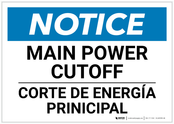 Notice: Bilingual Spanish Main Power Cut-off Landscape - Label ...