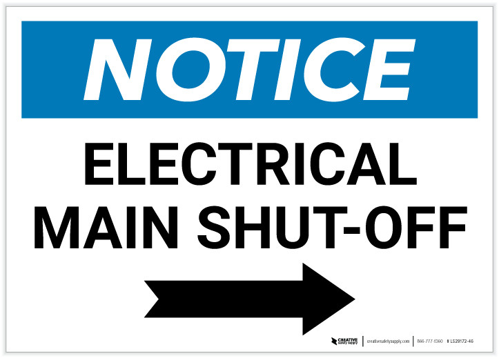 Notice: Electrical Main Shut-Off Landscape with Right Arrow - Label
