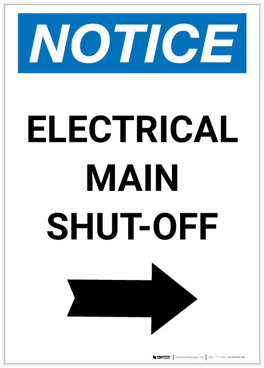 Notice: Electrical Main Shut-Off Portrait Right Arrow - Label