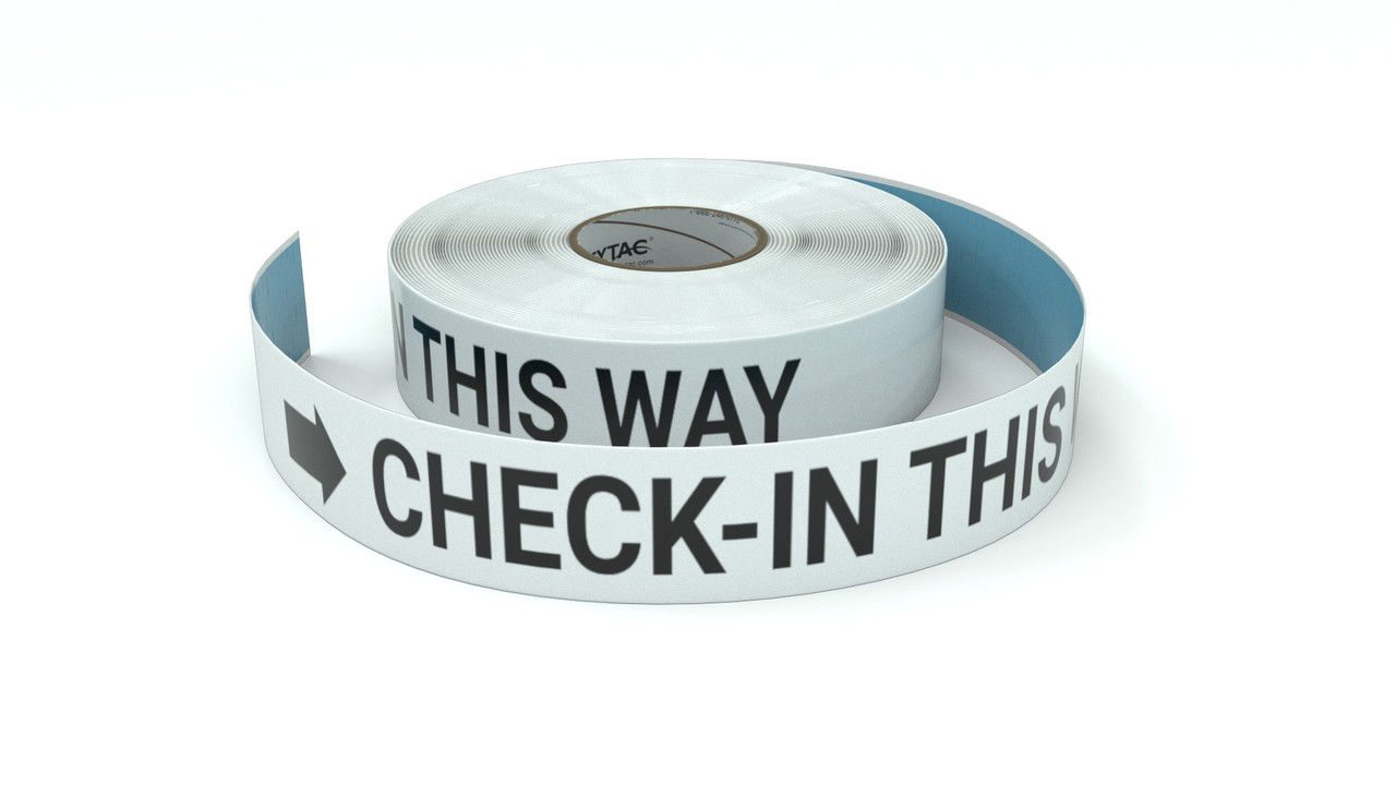 Check-in This Way With Right Arrow - Inline Printed Floor Marking Tape