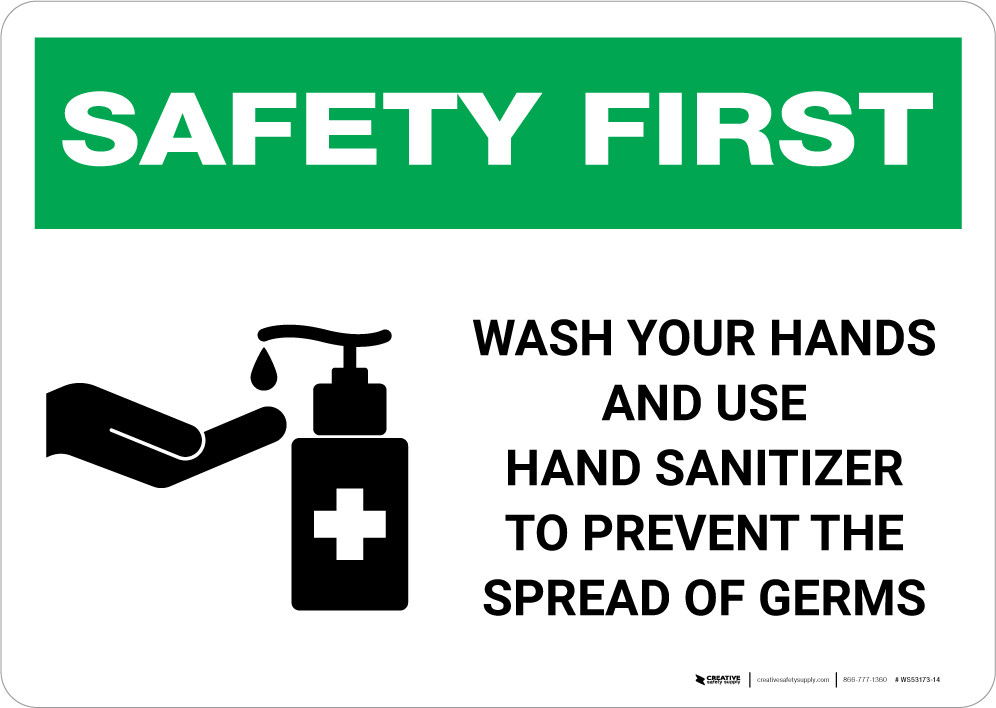 Safety First: Wash Hands & Use Hand Sanitizer Landscape - Wall Sign ...