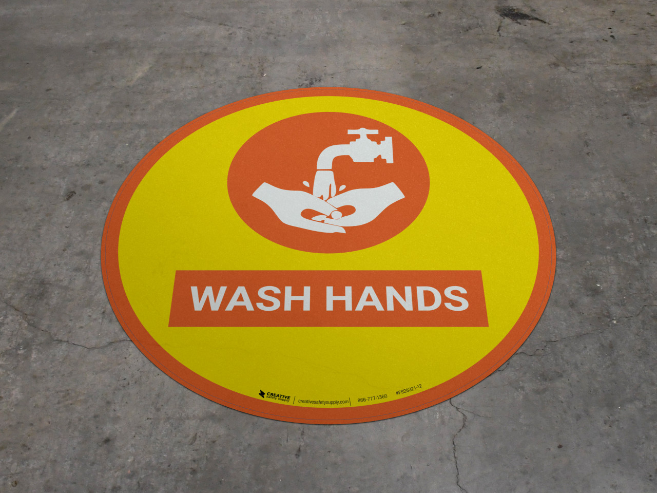 Wash Hands with Icon (Yellow-Orange) - Floor Sign | Creative Safety Supply