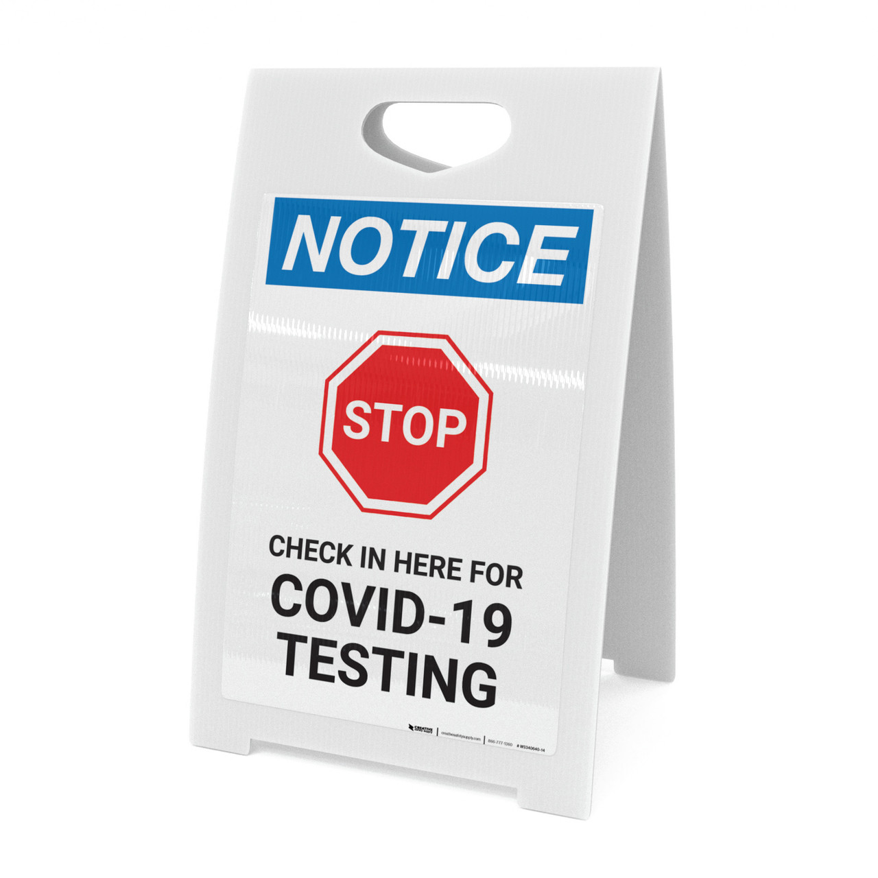 Notice: Stop Check In Here for Covid 19 Testing - A-Frame Sign