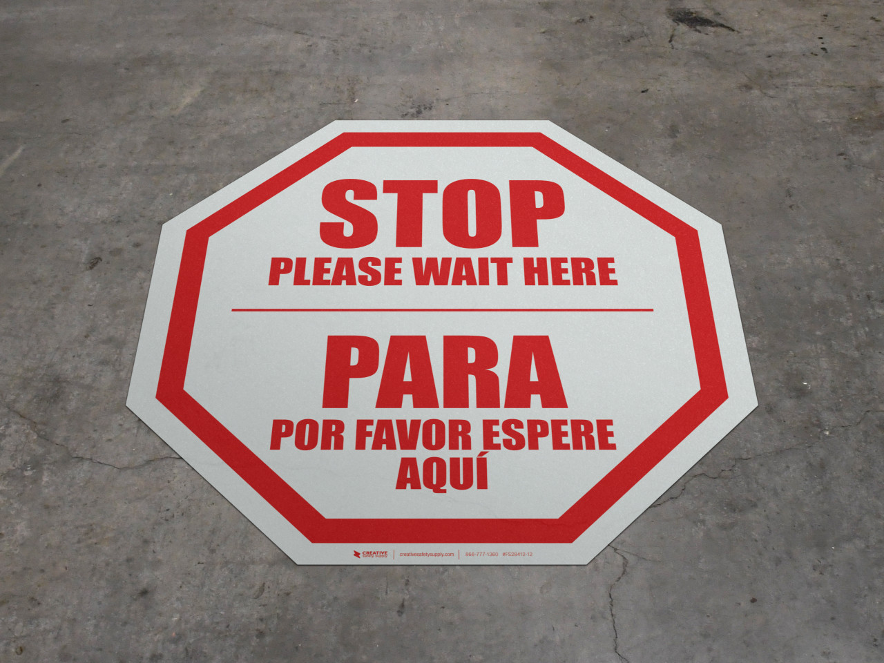 STOP: Please Wait Here Bilingual Spanish - Floor Sign