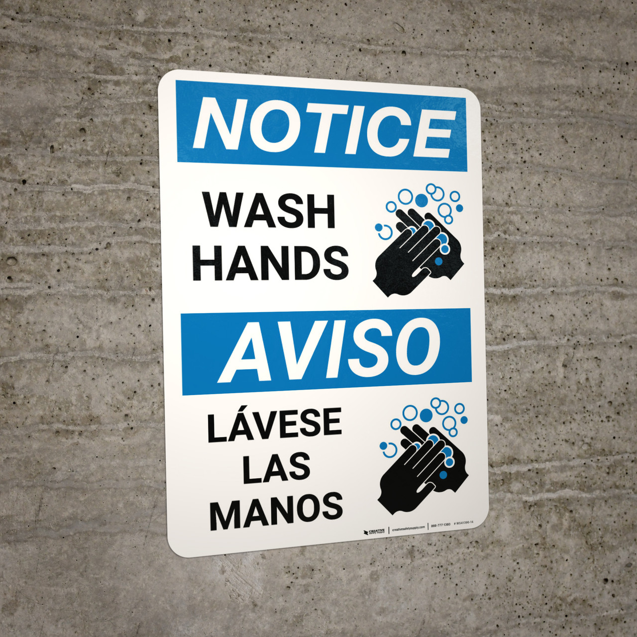 Notice: Wash Hands Bilingual Spanish with Icon Portrait - Wall Sign