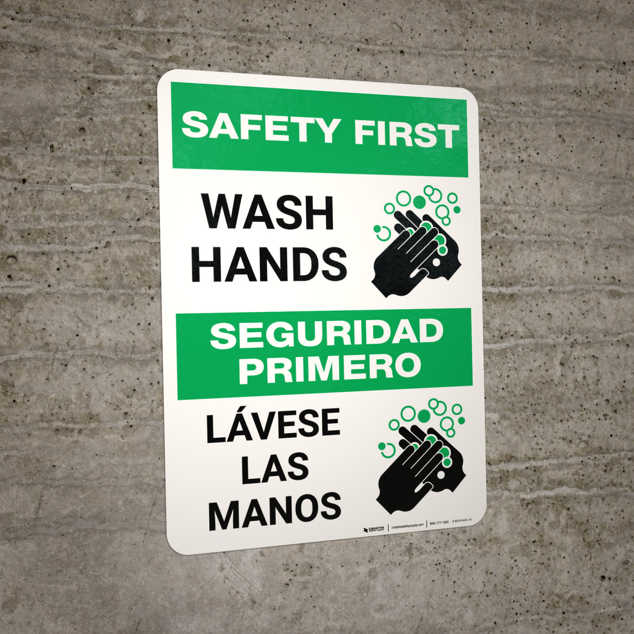 Safety First: Wash Hands Bilingual Spanish with Icon Portrait - Wall ...