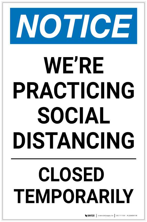 Notice: We're Social Distancing Closed Temporarily ANSI Portrait - Label