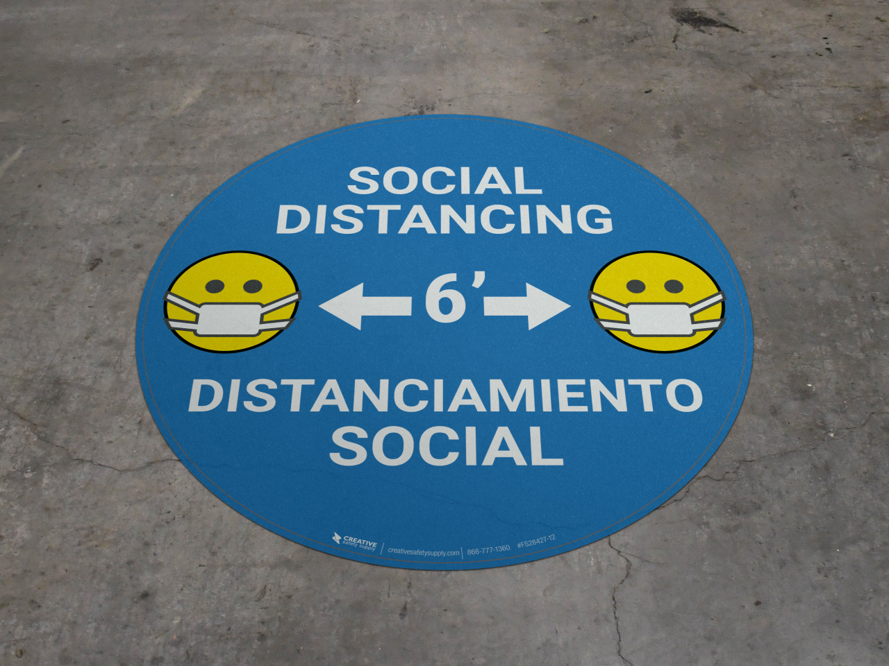 Social Distancing with Facemask Emoji Bilingual Spanish - Blue - Floor Sign