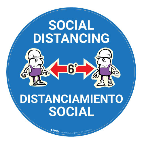 Socal Distancing with Cartoon Bilingual Spanish - Blue - Floor Sign