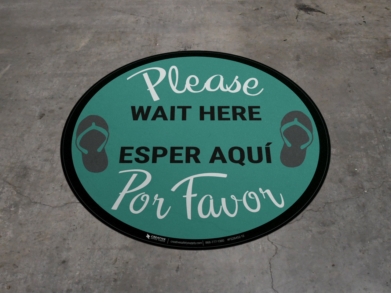 Please Wait Here Bilingual Spanish with Icons - Green - Floor Sign