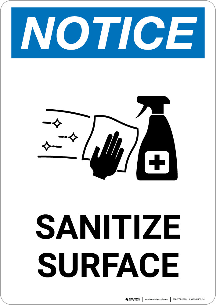Notice: Sanitize Surface with Icon Portrait - Wall Sign | Creative ...