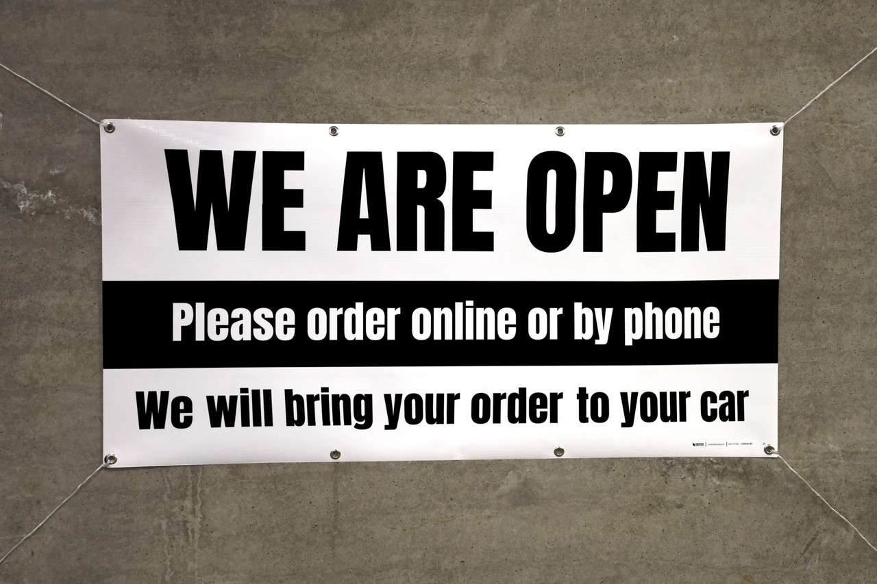 We Are Open Please Wait Here - Banner | Creative Safety Supply