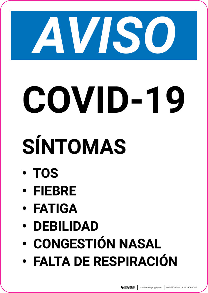 Notice: COVID-19 Symptoms Spanish Portrait - Label