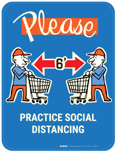 Please Practice Social Distancing with Emoji Shopper - Blue - Floor Sign