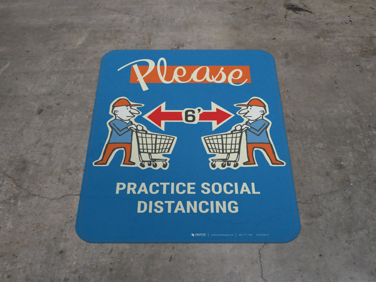 Please Practice Social Distancing with Emoji Shopper - Blue - Floor Sign