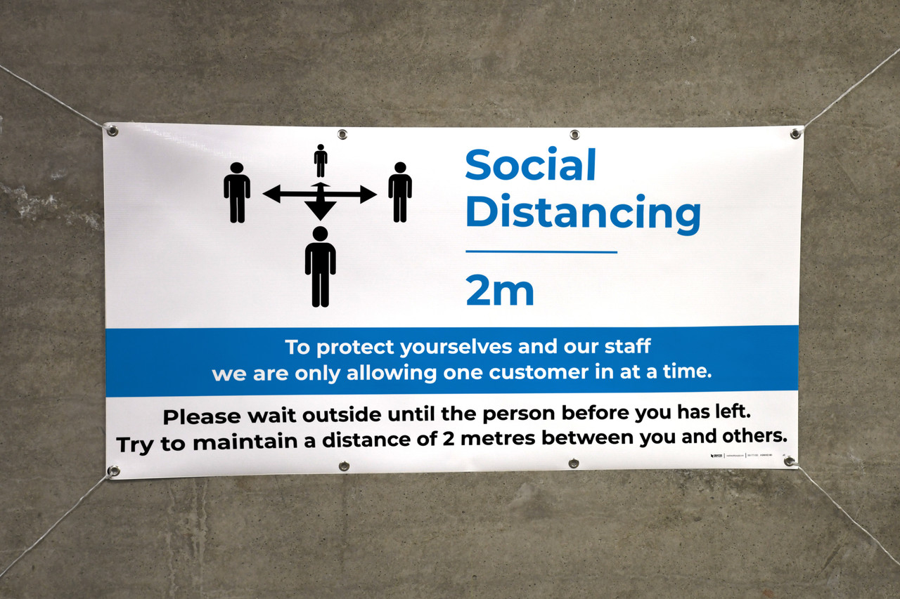 Social Distancing - 2m One Customer At A Time with Icon Blue - Banner