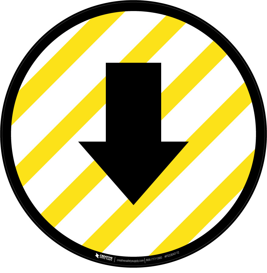 Down Arrow Yellow and White Circular - Floor Sign | Creative Safety Supply
