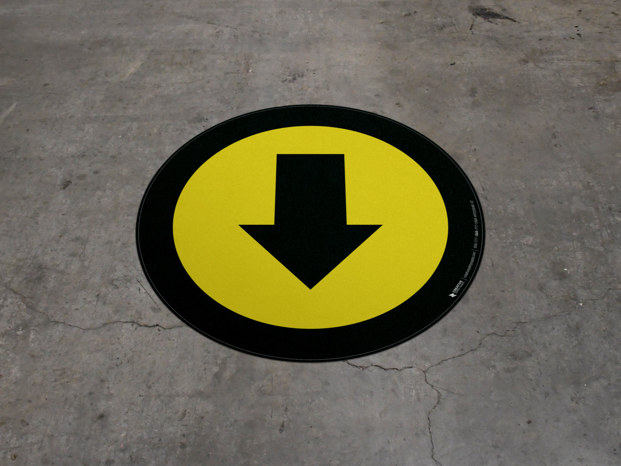 Down Arrow Yellow with Black Border Circular - Floor Sign | Creative ...