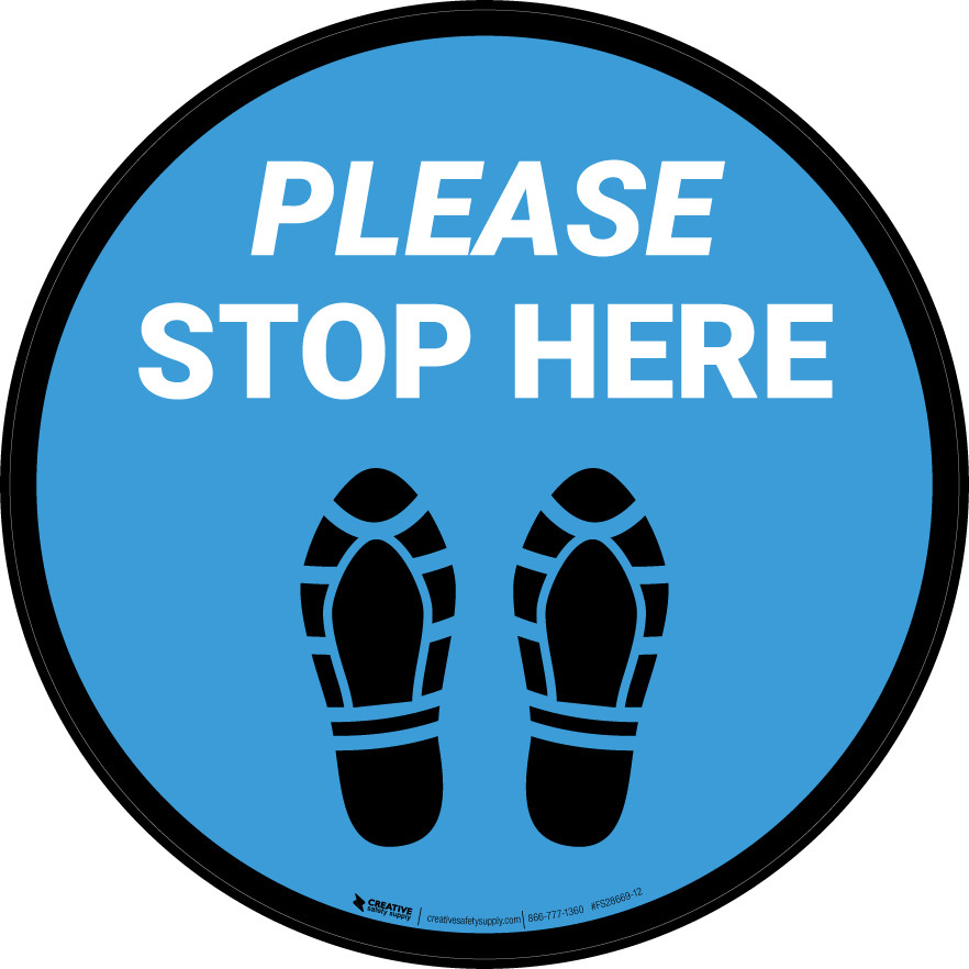 Please Stop Here Shoe Prints Blue Circular - Floor Sign | Creative ...