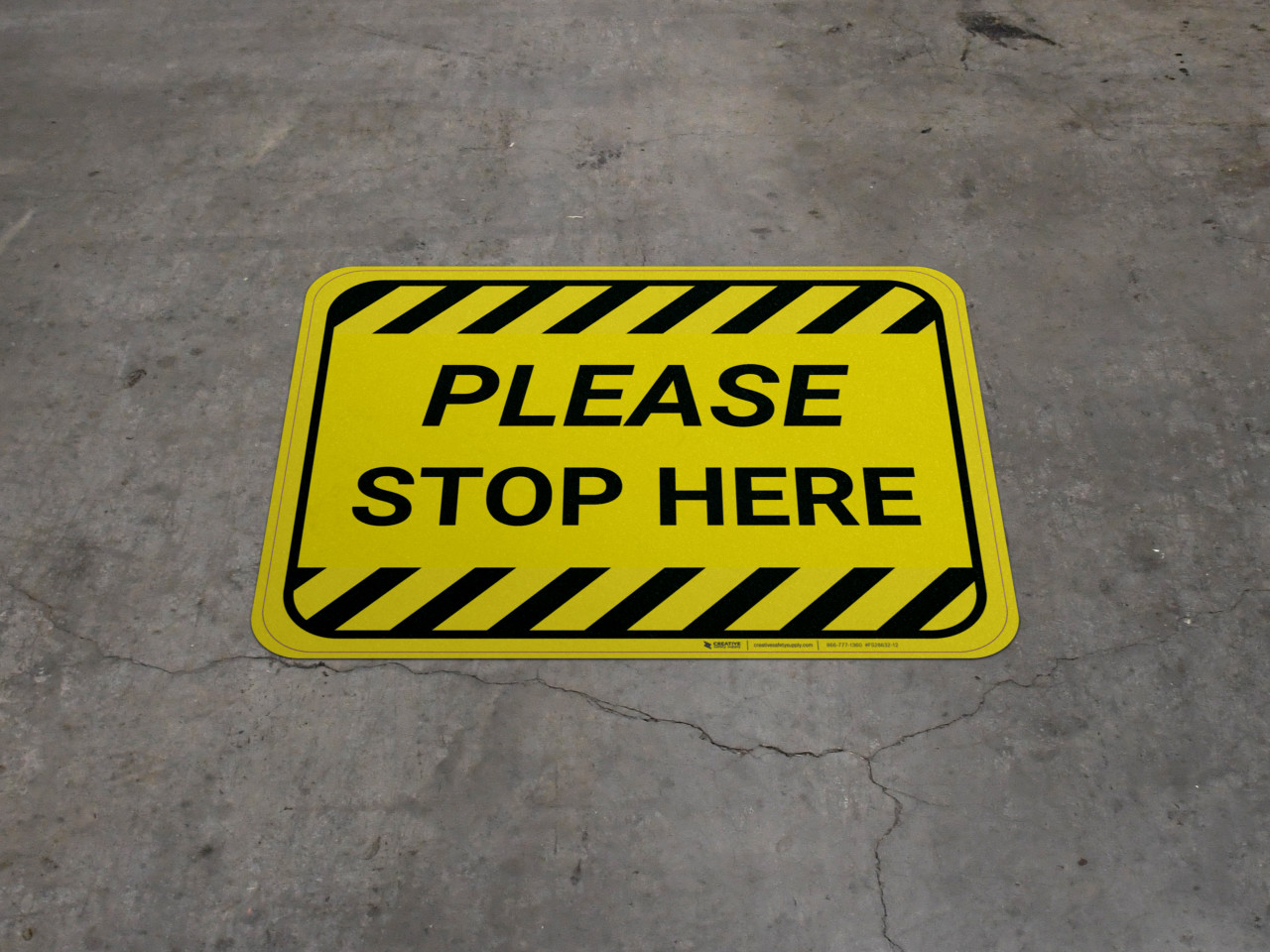 Please Stop Here Hazard Stripes Rectangle - Floor Sign