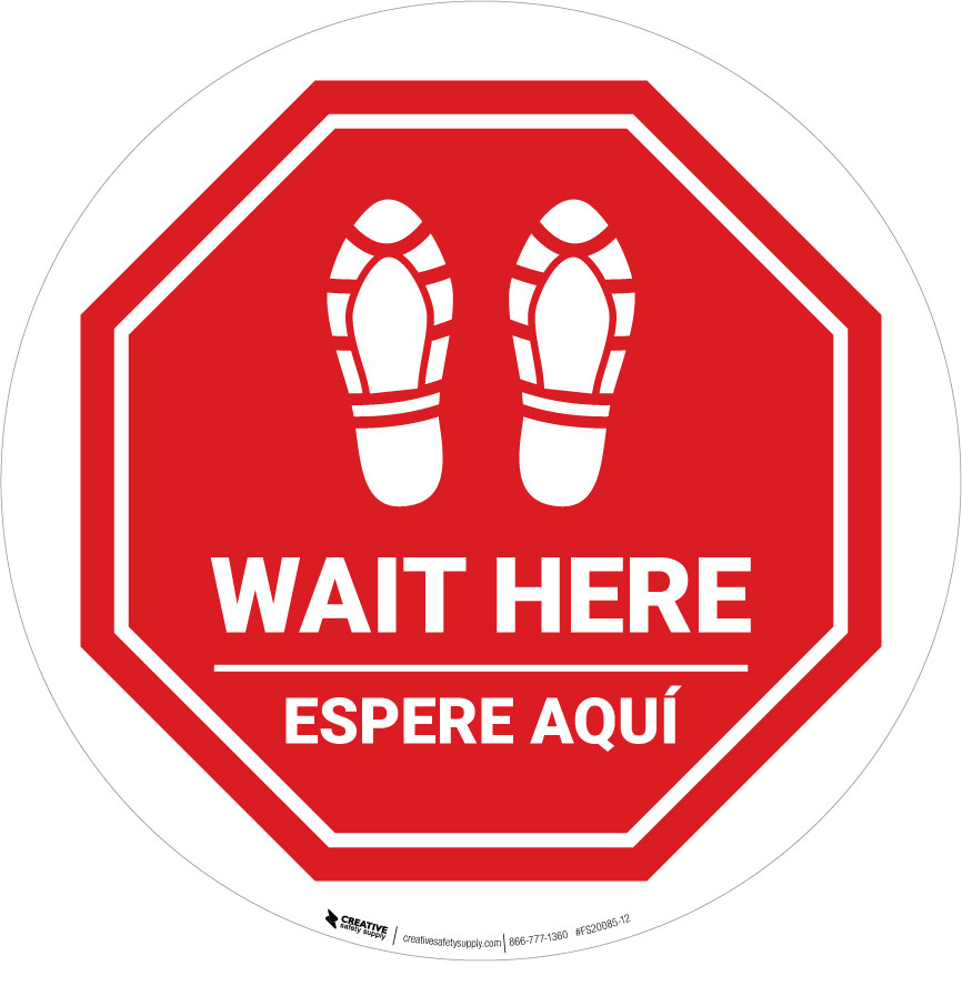 Wait Here Espere Aqui Shoe Prints Bilingual Spanish Stop Circular ...