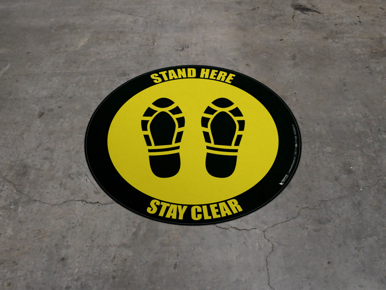 Stand Here Stay Clear Shoe Prints Yellow Black Border Circular - Floor Sign