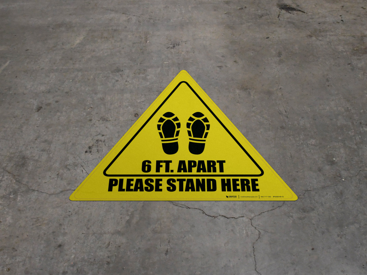 Please Stand Here 6 Ft. Apart Shoe Prints Triangle - Floor Sign