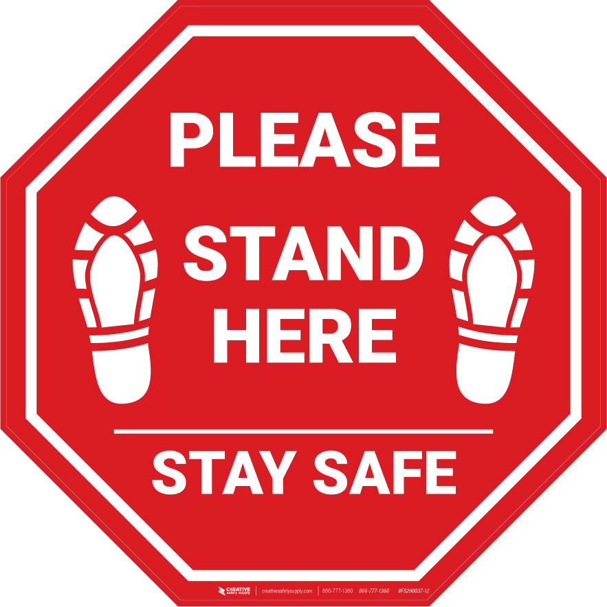 Please Stand Here Stay Safe Shoe Prints STOP - Floor Sign