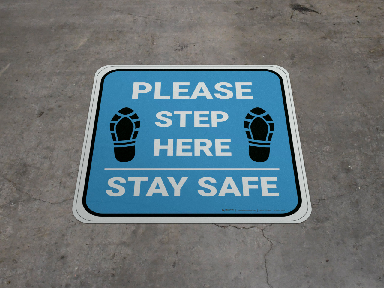 Please Step Here Stay Safe Shoe Prints Blue Square - Floor Sign