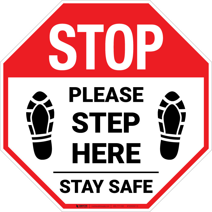 STOP: Please Step Here Stay Safe Shoe Prints Stop - Floor Sign ...