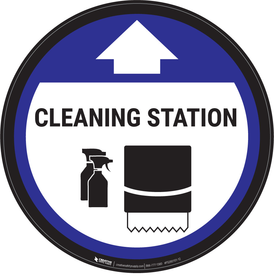Cleaning Station Arrow With Icon Blue - Circular - Floor Sign