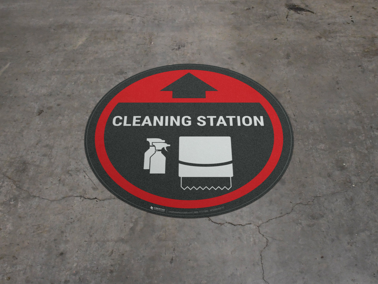 Cleaning Station Arrow With Icon Red - Circular - Floor Sign