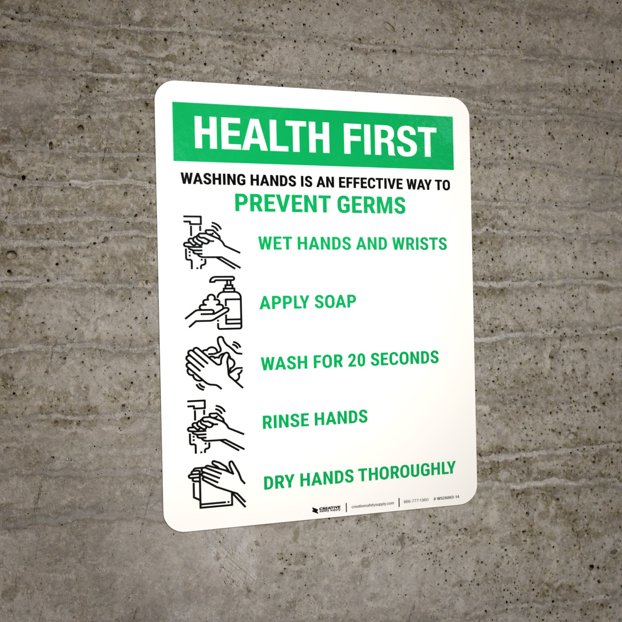 Health First: Prevent Germs How To Wash Hands Portrait - Wall Sign