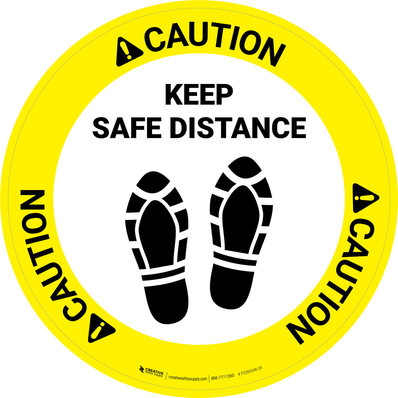 Caution: Keep Safe Distance Shoe Prints Circular - Floor Sign