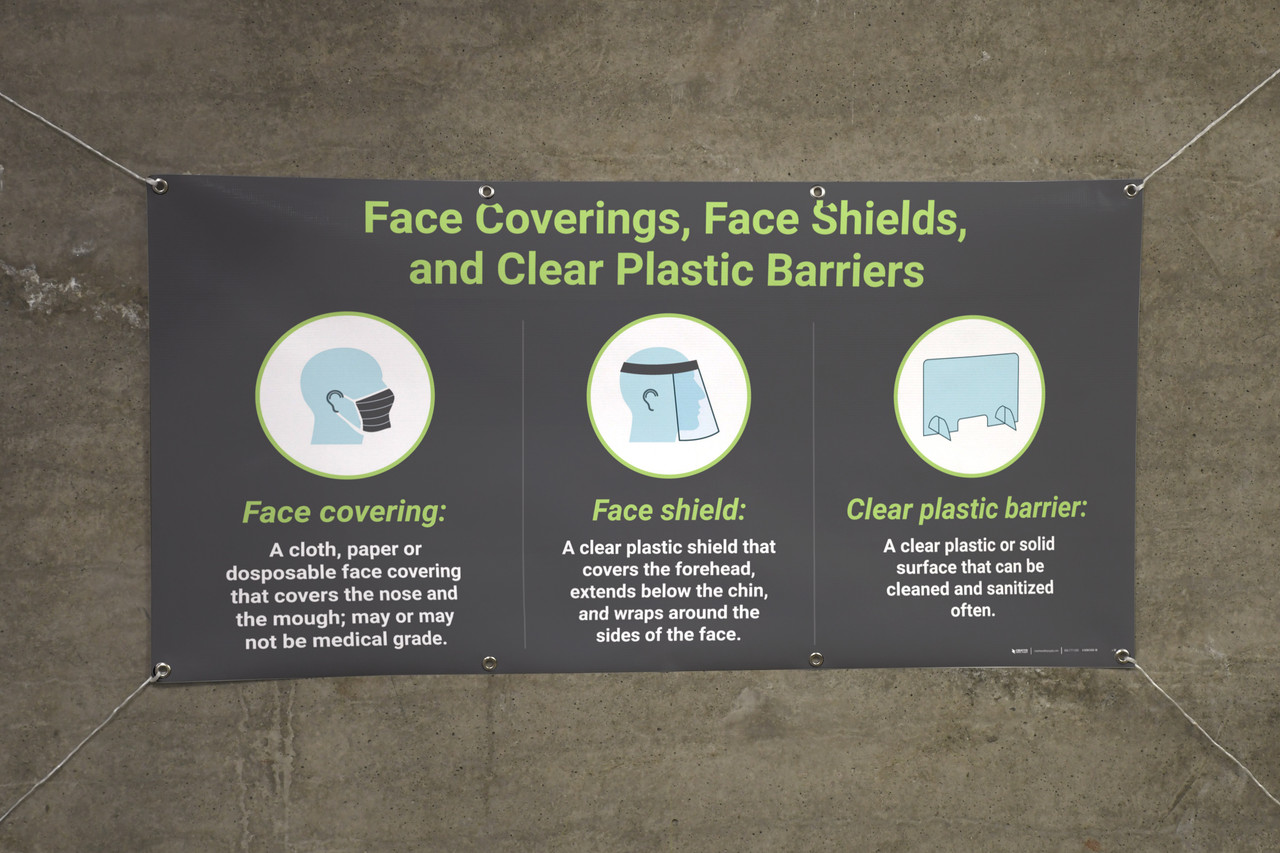 Face Coverings Face Shields and Clear Plastic Barriers with Icons Gray ...