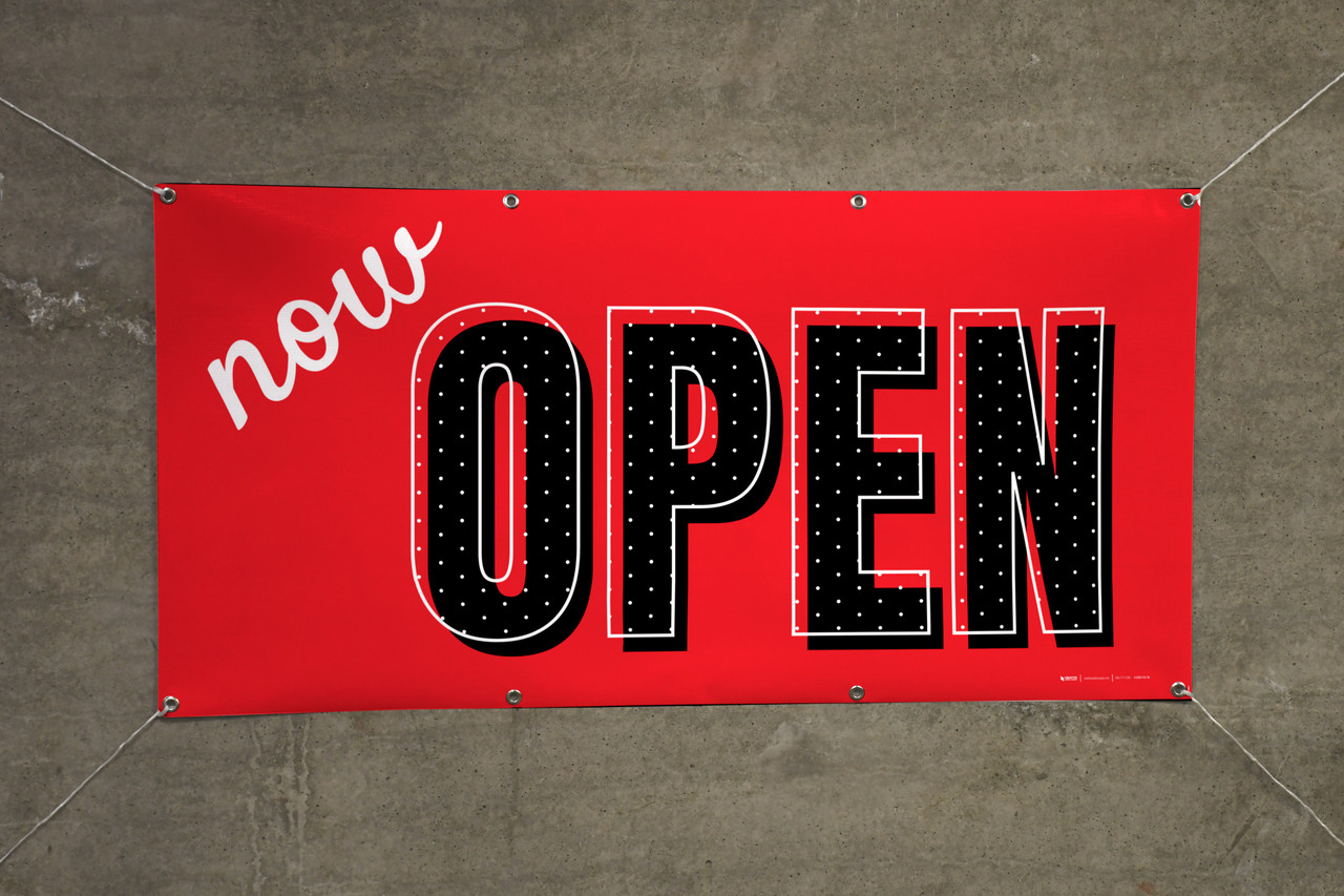 Now Open Red Black Polka Dots - Banner | Creative Safety Supply