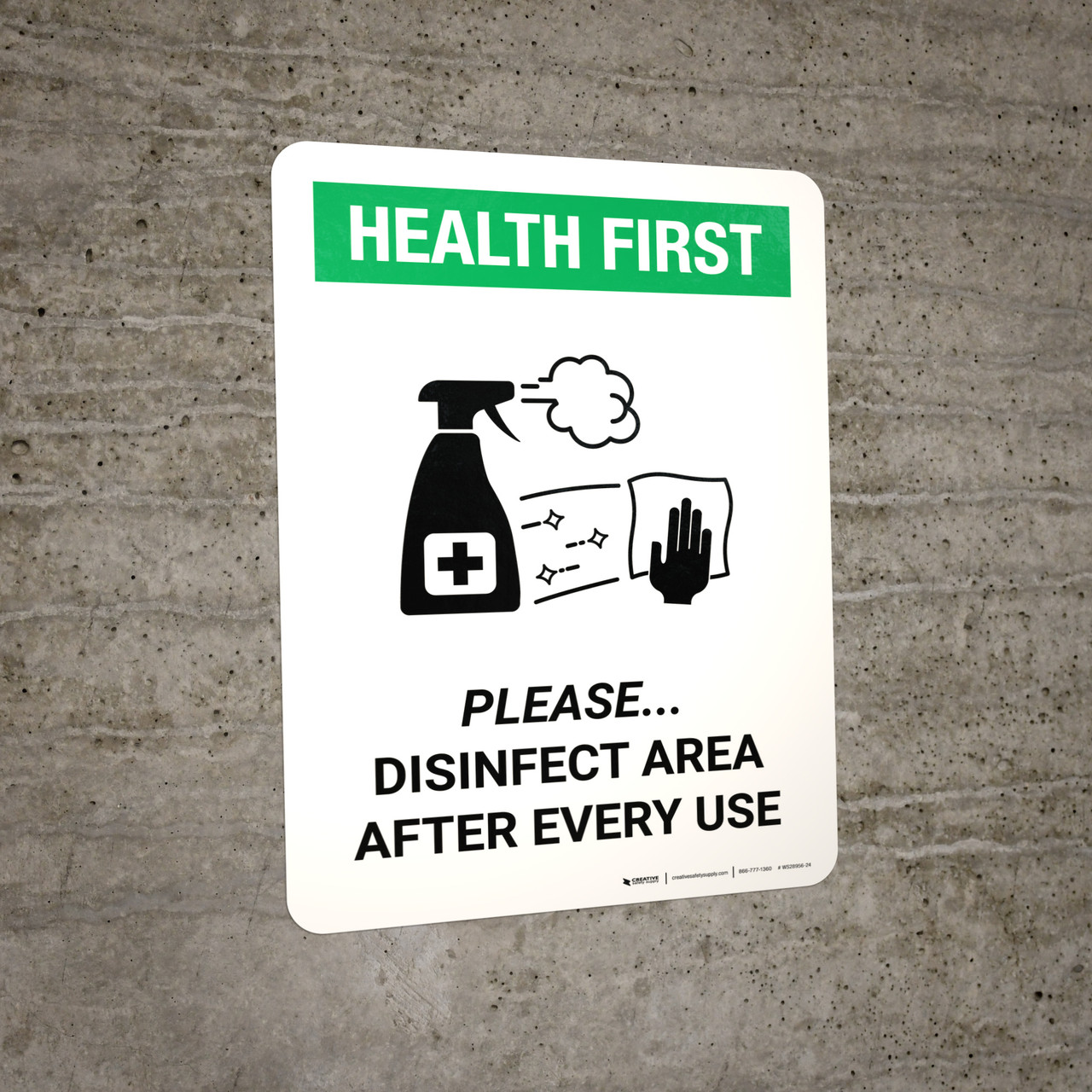 Health First: Please Disinfect Area with Icon Portrait - Wall Sign