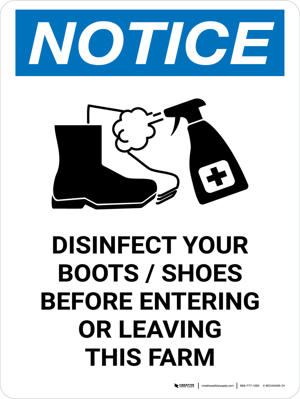 Notice: Disinfect Boots/Shoes Farm with Icon Portrait - Wall Sign